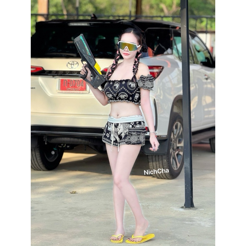 #Nicha Set 2 ชิ้น เสื้อครอปแขนกระปุก กางเกงขาสั้นชุดเซตลายช้าง สวยทุกสี ใส่งานสงกรานต์หรือจะใส่ ...