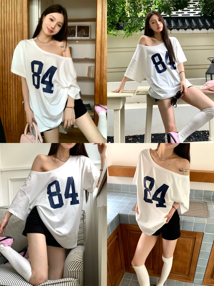 เสื้อยืดหลวม เสื้อยืดเเขนสั้น ใส่ชิคๆ เบอร์84 คอกว้าง สวมใส่สบาย ...