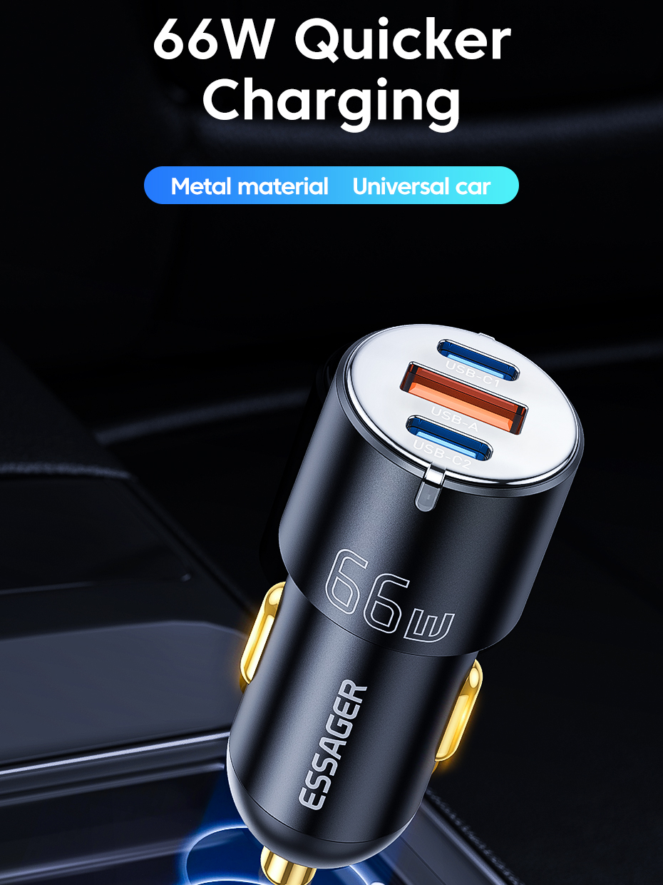 Essager 66W ที่ชาร์จแบตในรถ 3พอร์ต A+2C PD ชาร์จไฟเร็วสำหรับที่ชาร์จแบต ...