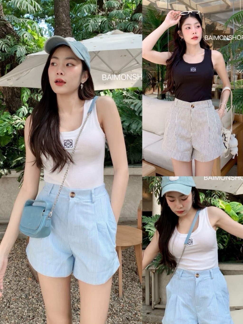 (กด 2 ชิ้น ลด 20) *ขายแยก * ชุดเซ็ทกางเกงขาสั้น กางเกงขาสั้นลายทาง เสื้อกล้ามไหมพรมงานปัก สีขาว ...