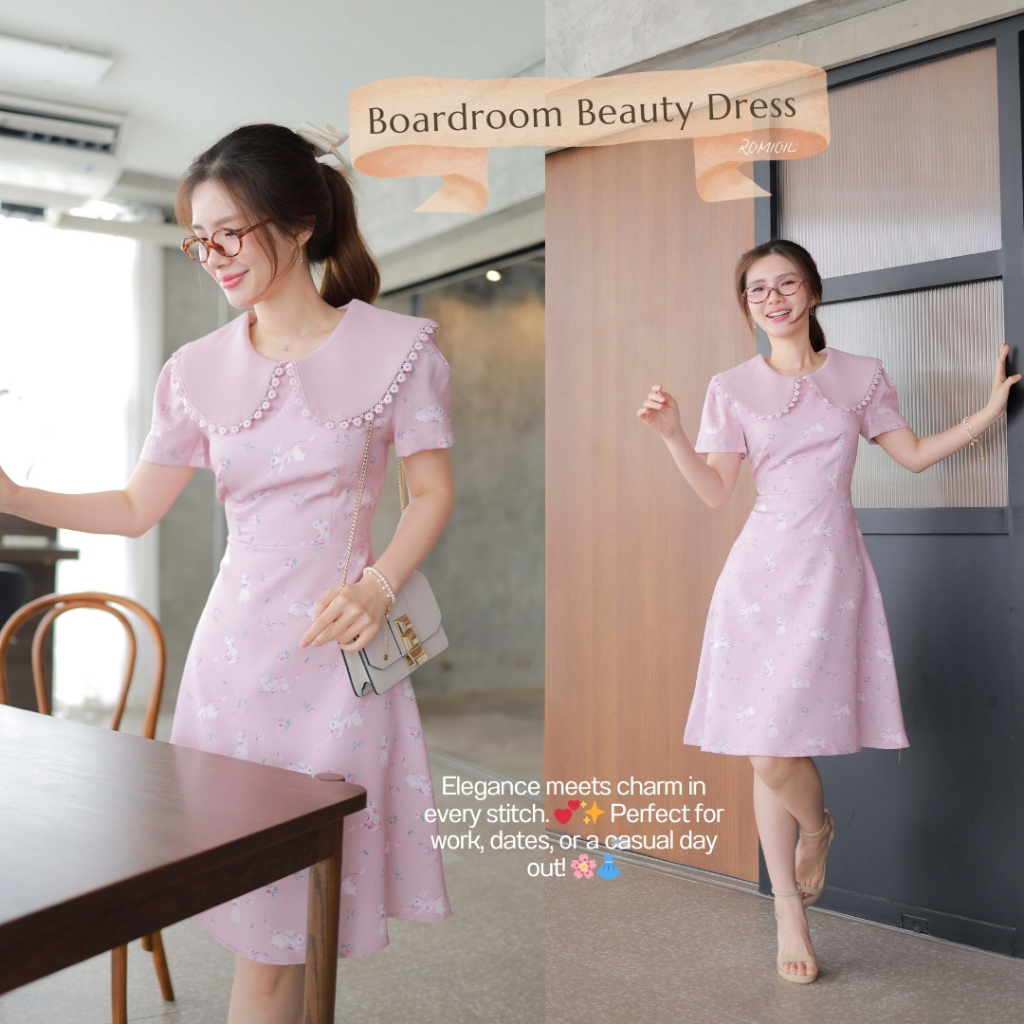 Romi"Oil" Boardroom Beauty Dress (Pink) J511 ชุดเดรสสีชมพู (คอบัวแต่ง ...