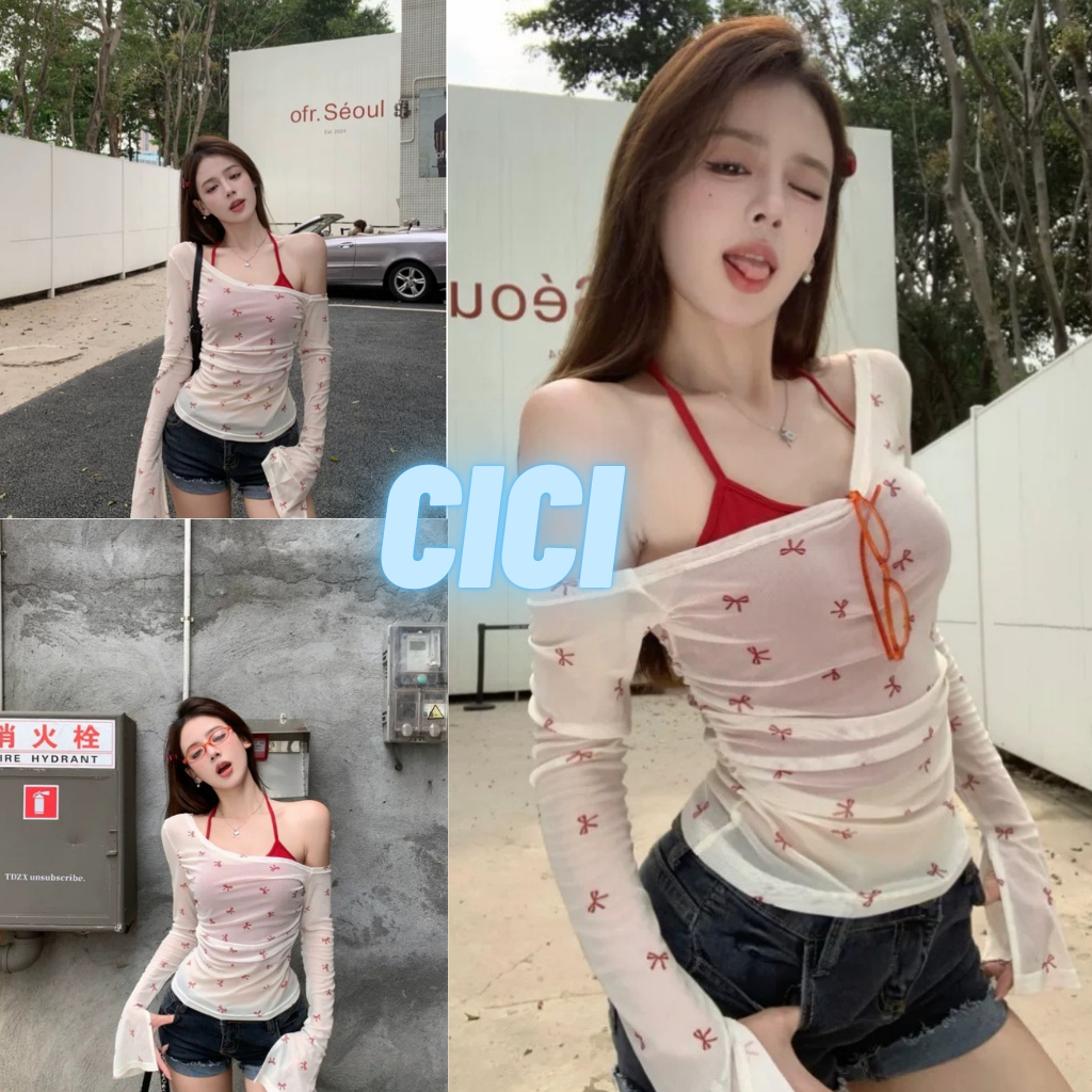 Cici NO.(J1676) เสื้อคล้องคอ+เสื้อตาข่ายคอกลมปักลายโบว์สุดคิ้วท์พร้อมเล่นน้ำวันสงกรานต์ | Shopee ...