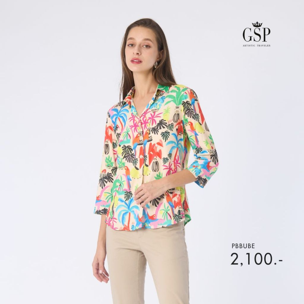 GSP Woman's shirt Aloha เสื้อเชิ้ตผู้หญิง แขนสามส่วน สีเบจฟ้า PBBUBE ...