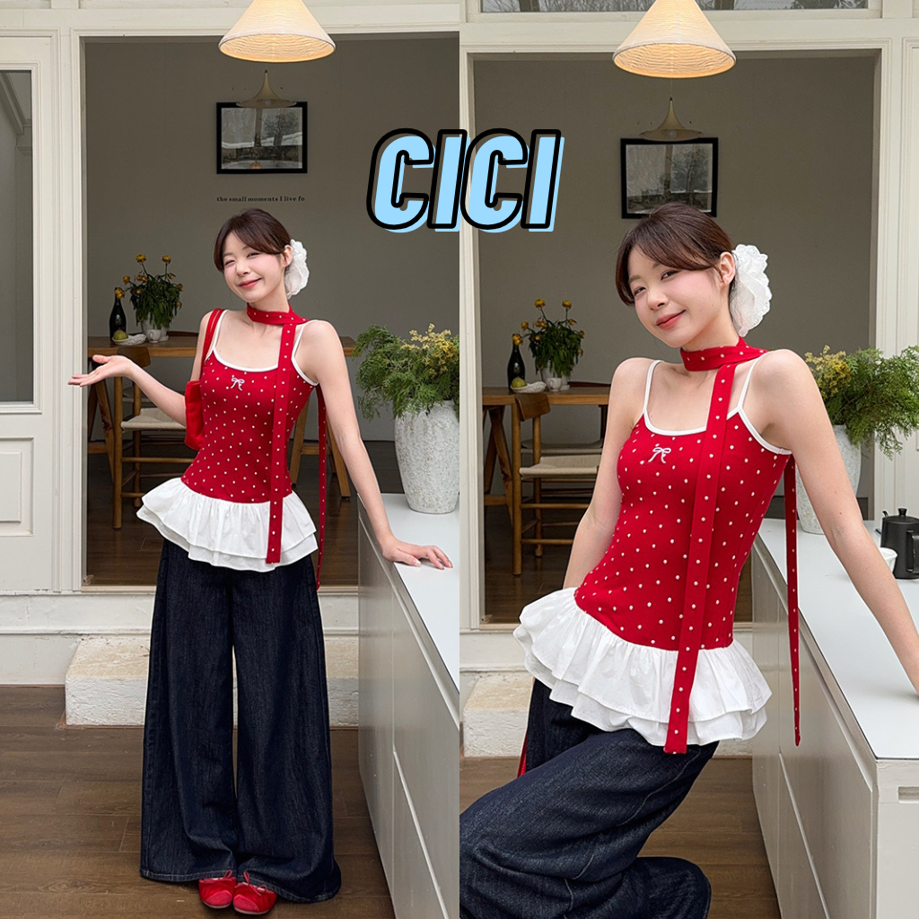Cici(NO.Y6226) เสื้อสายเดี่ยวตัวยาวลายจุดปักโบว์ ปรับสายได้ ดีเทลแต่งขอบระบาย แถมผ้าพันคอ สไตล์ ...
