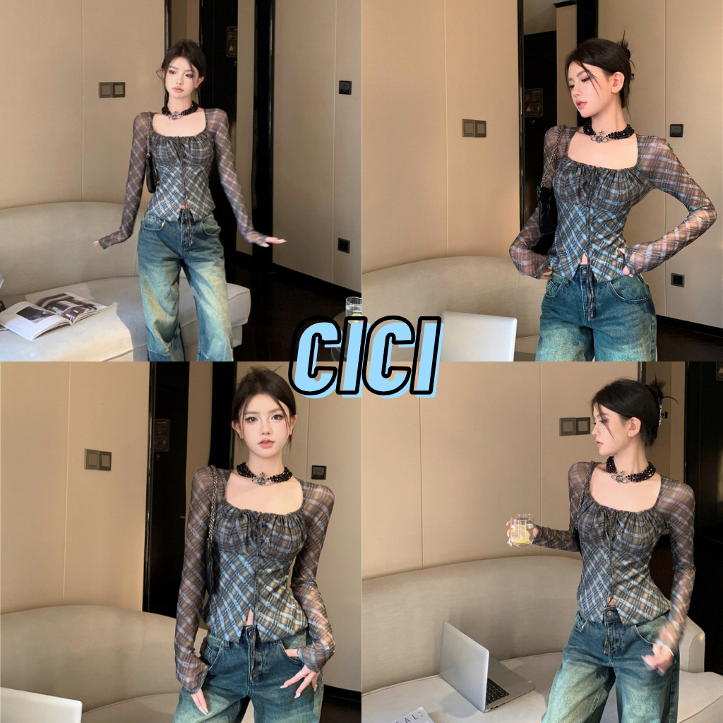 ส่งทันที Cici(NO. J1692) เสื้อซีทรูแขนยาวลายสก๊อต เชือกด้านหน้ารูดได้ ซิปข้างเข้ารูป ดีเทล ...