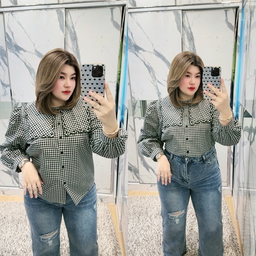 J11 คอบัวลายสก็อตแขนยาว อก48 | Shopee Thailand