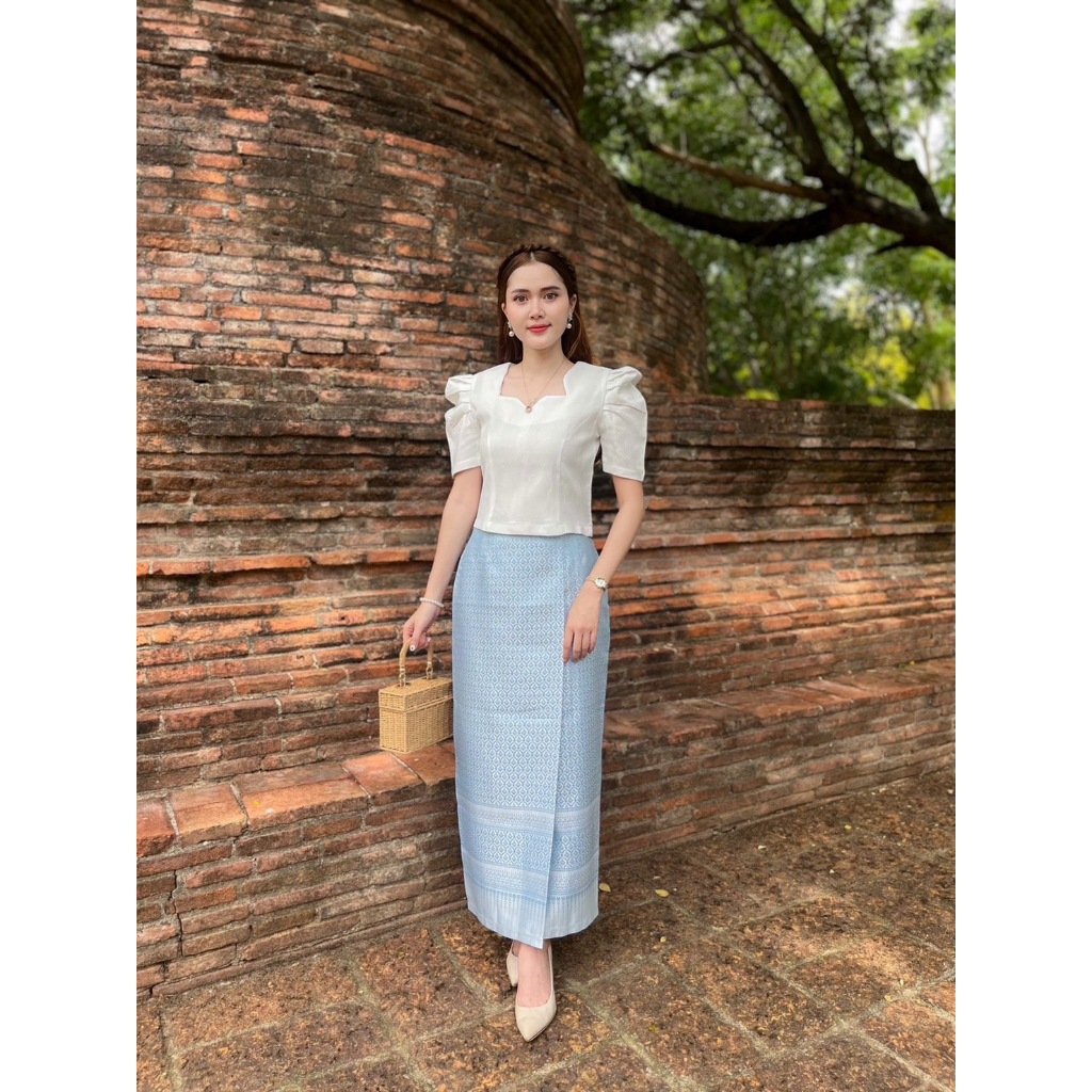 HM-SET (ขายแยก) ชุดเซตผ้าไทย ตัวเสื้อสีขาวผ้าทอ 100% Cotton เนื้อนุ่ม ...