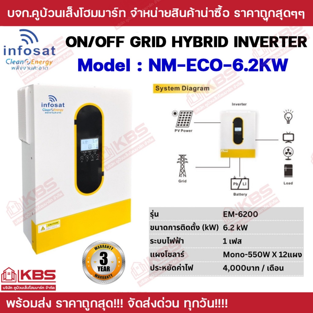 Infosat อินเวอร์เตอร์ 6.2 KW รุ่น EM-6.2 KW NM-ECO-6.2 KE ON/OFF GRID ...