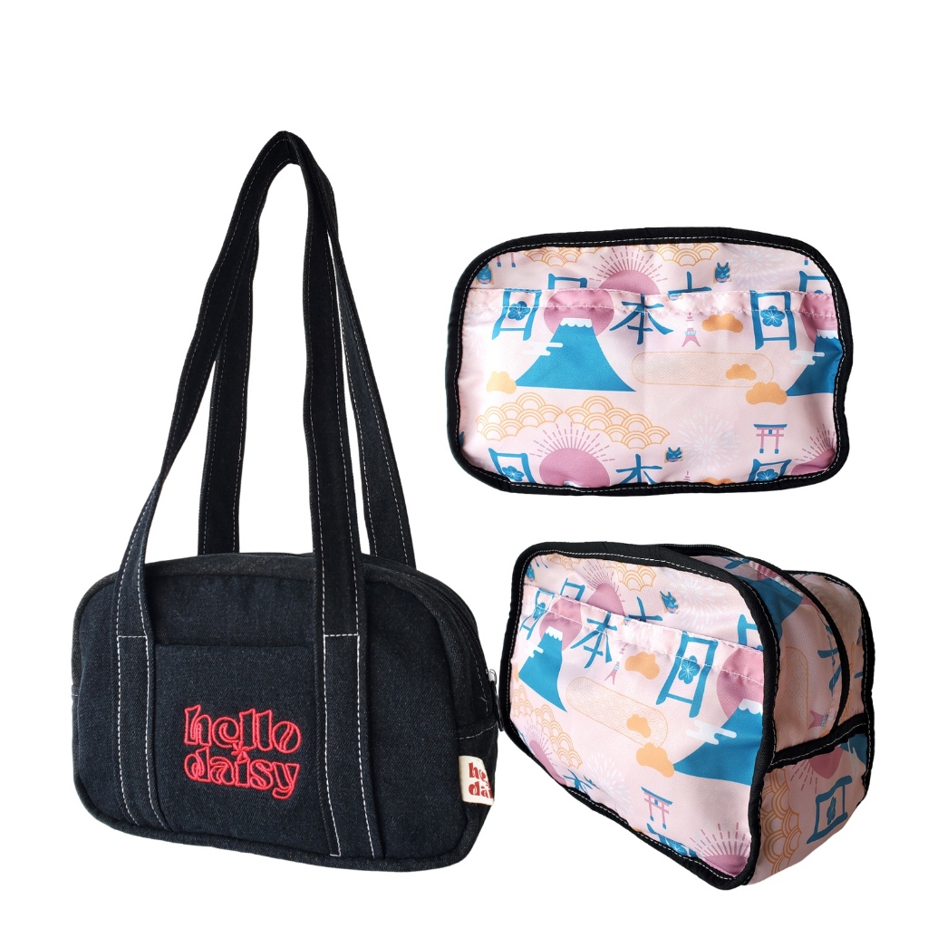 [พร้อมส่ง] Hello Daisy กระเป๋ายีนส์ปั ซับในพิมพ์ลายสวย ยีนส์สีดำ Black ...