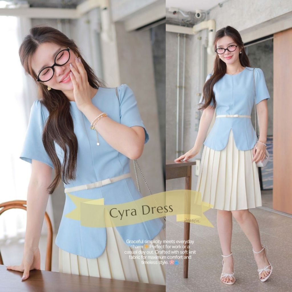 "Romi"Oil" Cyra Dress K168 (Blue) ชุดเดรสสีฟ้า (ชุดเดรสกระโปรงพลีท) | Shopee Thailand