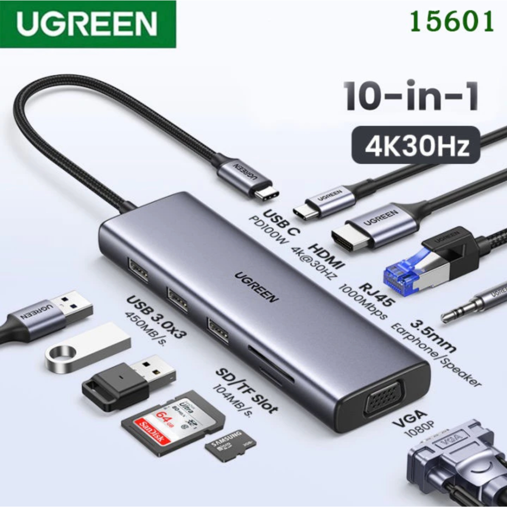 UGREEN รุ่น 15601 HUB 10in1 Adapter Type C รองรับ 4K30Hz / USB3.0x3 Port / PD100W / RJ45 / VGA ...