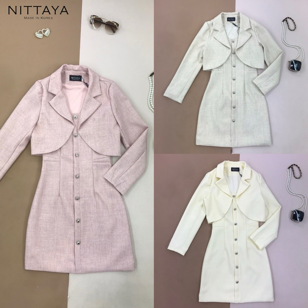 [NITTAYA] D2751 ชุดเซตเดรสกระโปรงสายตะเกียบแต่งกระดุมหน้า+เสื้อคลุมสูท ...