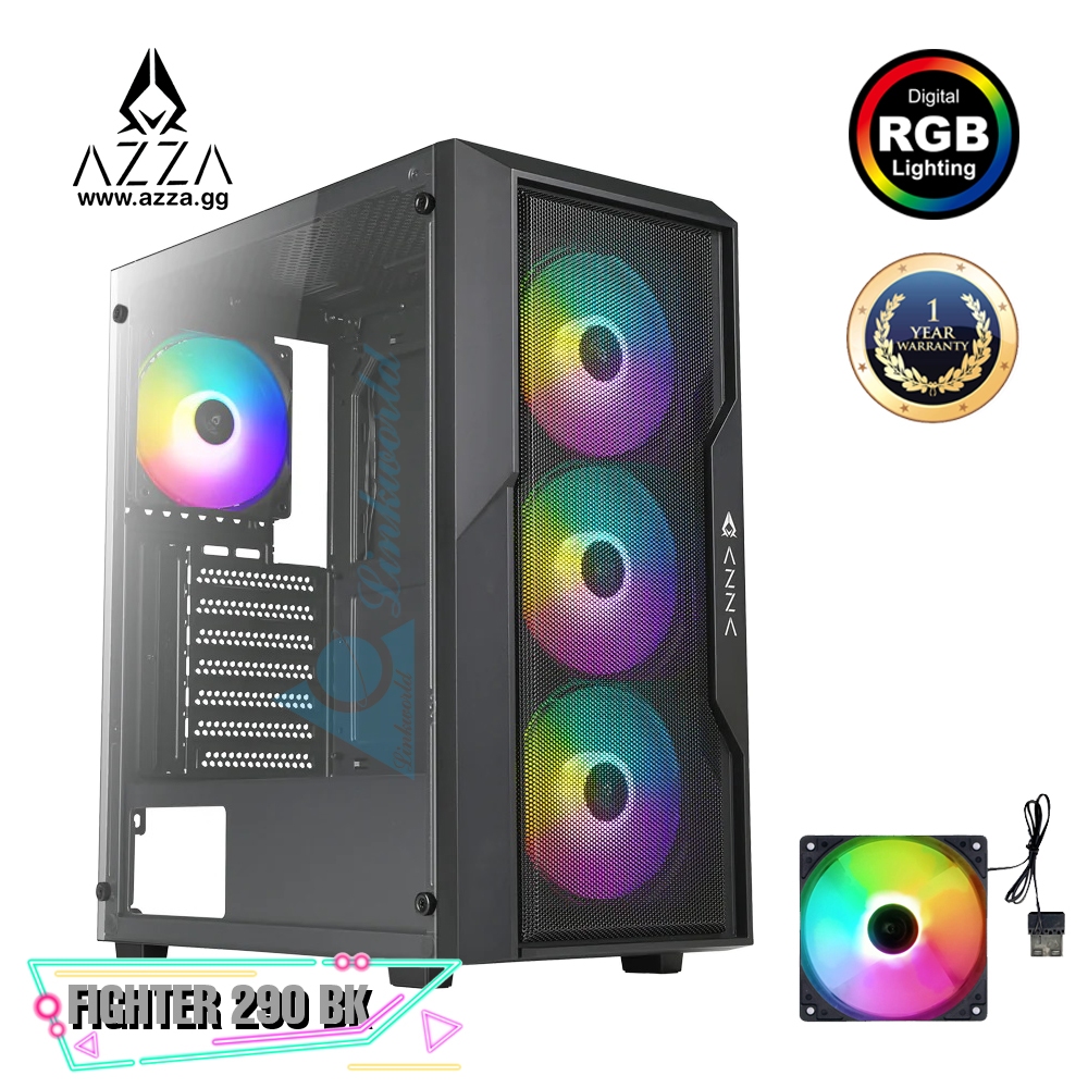AZZA ATX Mid Tower Tempered Glass Gaming Case FIGHTER 290B with 12cm ...