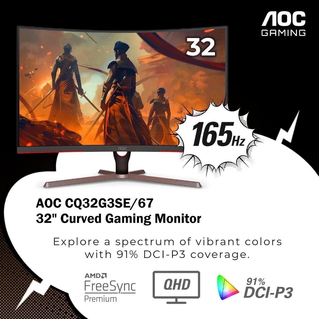 AOC CQ32G3SE/67 32" Curved Gaming Monitor 2K QHD 2560x1440, 1000R ...