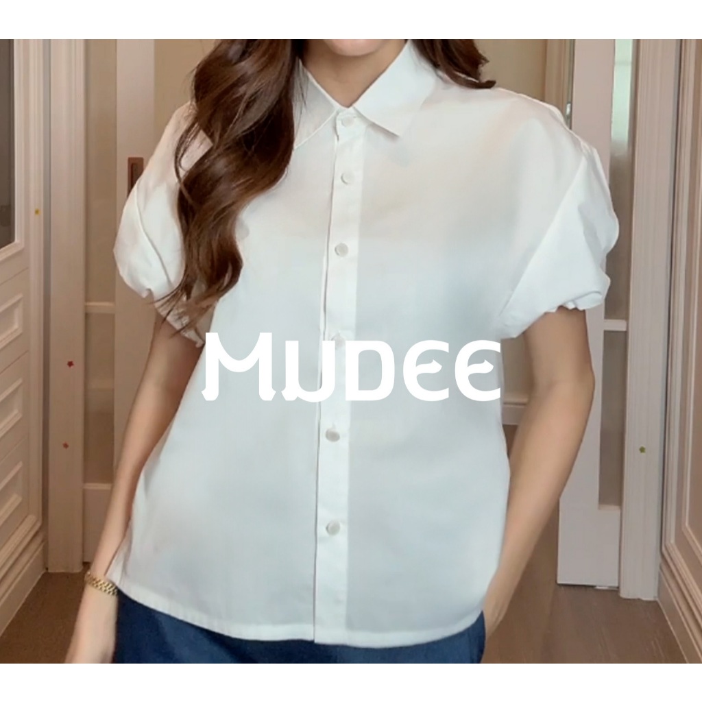 MUDEE เสื้อเชิ้ตคอตตอนแขนสั้นจับจีบสีออฟไวท์ Off-white pleated short ...