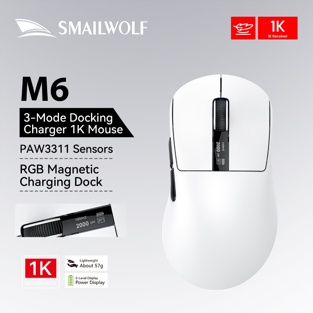 ต้นฉบับ SMAILWOLF-M6 PixArt PAW3311 เมาส์ไร้สาย เมาส์ของเกม บลูทูธ 2.4G ...