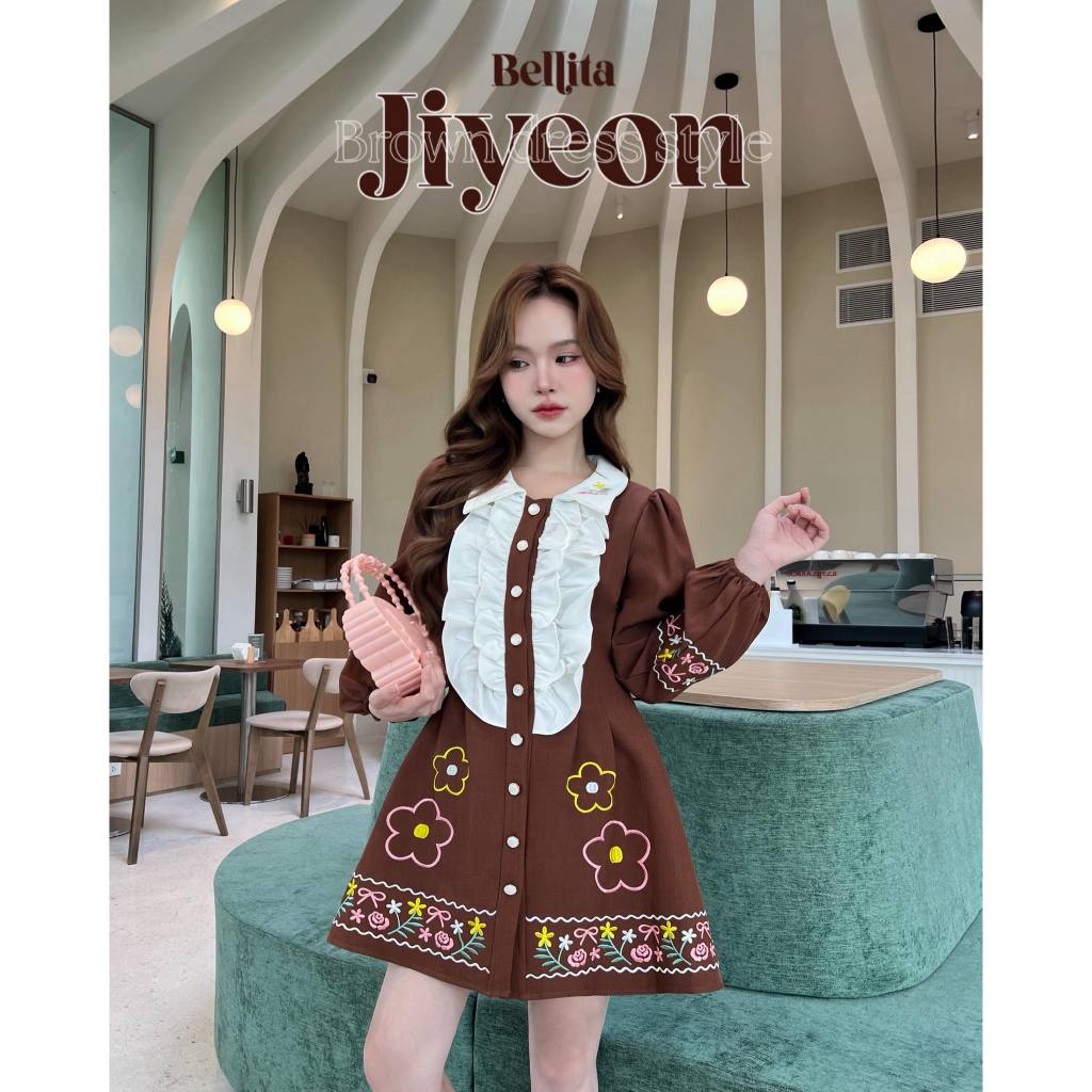 C521 BELLITA BRAND มินิเดรสสีน้ำตาล ปักลายดอกไม้ กระดุมหน้า ชุดเดรสผู้หญิง ชุดเที่ยวคาเฟ่ ...
