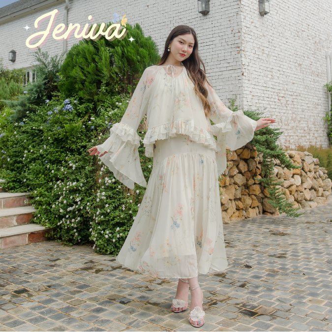 SEOULMATE JENIVA#SM9358 เดรสยาวสายเดี่ยวผ้าชีฟองพิมพ์ลายดอกไม้+เสื้อ ...