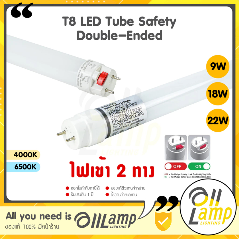 Philips T8 Safety Double-Ended LED tube หลอดนีออน 9W 18W 22W ยาว 600mm 1200mm ไฟเข้าสองข้าง ...