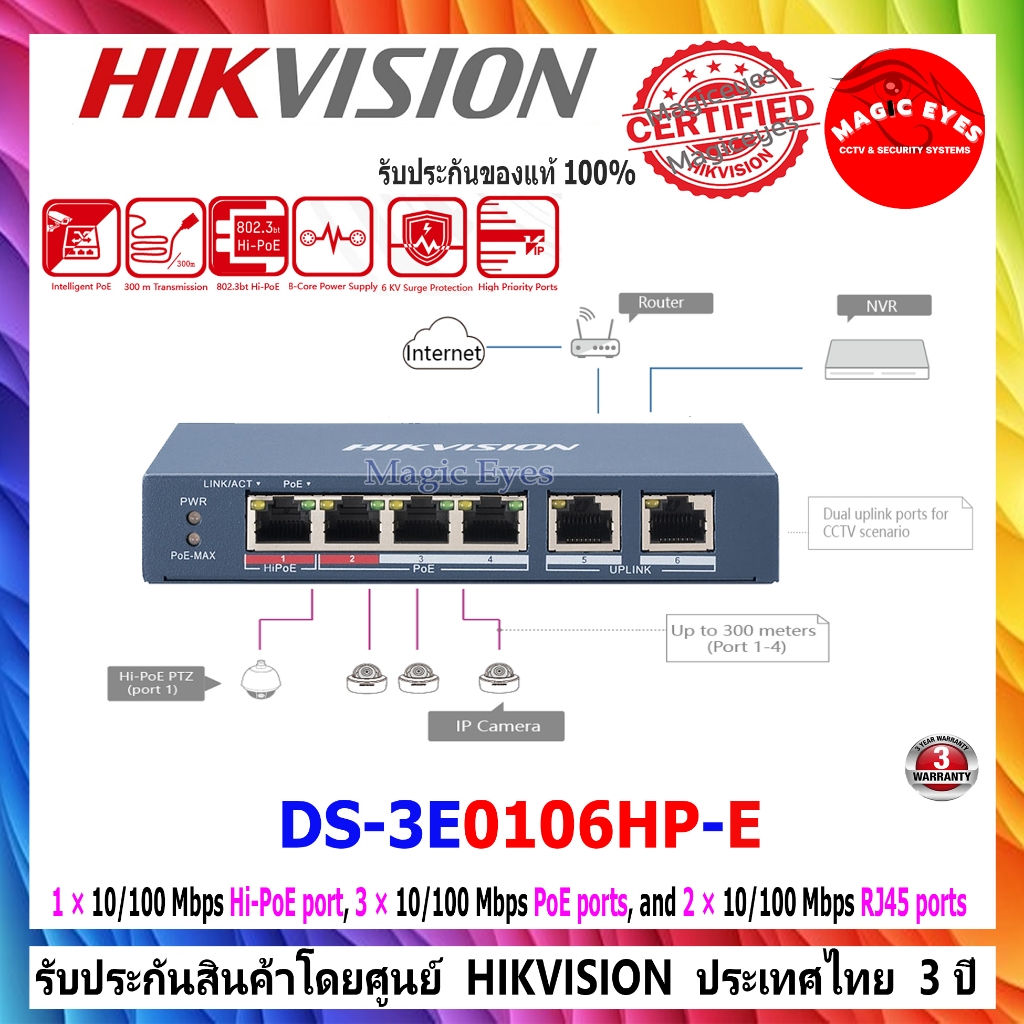 HIKVISION DS-3E0106HP-E. 4-Port 100 Mbps Long-Range Unmanaged PoE Switch | Shopee Thailand