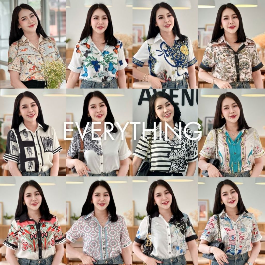 Everything2019⚡เสื้อเชิ๊ตคอปกพิมพ์ลายแขนสั้น เสื้อทำงานผู้หญิง ผ้าซาติน ...