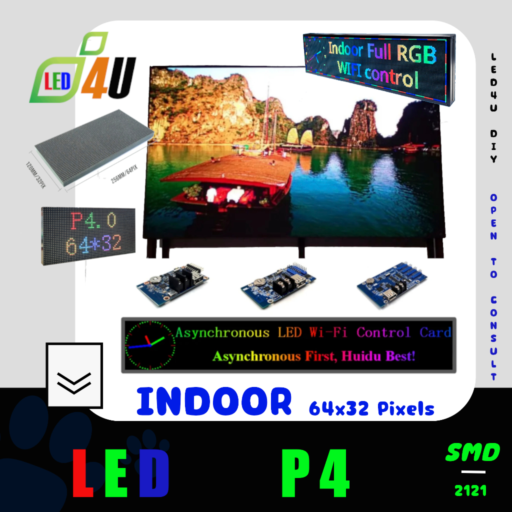 LED P4 RGB ขนาด 25.6 x 12.8 ซม, 64x32 พิกเซล SMD2121 ป้ายไฟวิ่ง ป้าย ...