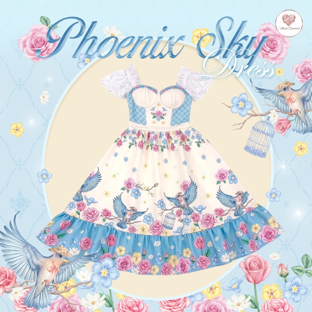 Phoenix Sky Dress เดรสยาวสีฟ้าครีม งานพิมพ์ลายนกน่ารัก แขนสีขาวลูกไม้ ...