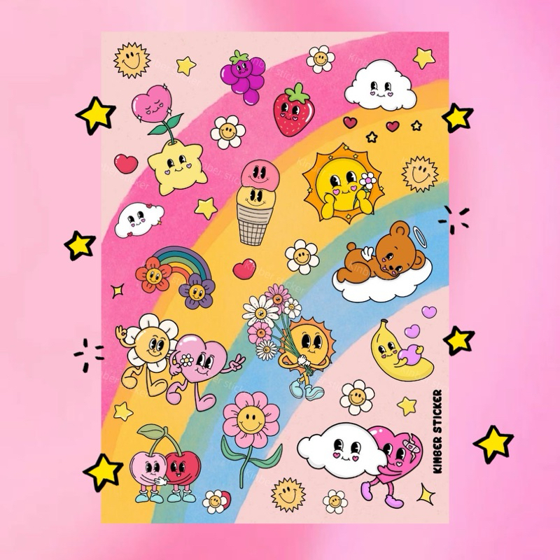 kimber sticker ลาย ดอกไม้สายรุ้ง สติกเกอร์ กันน้ำ ไดคัท ขนาด A6 ...