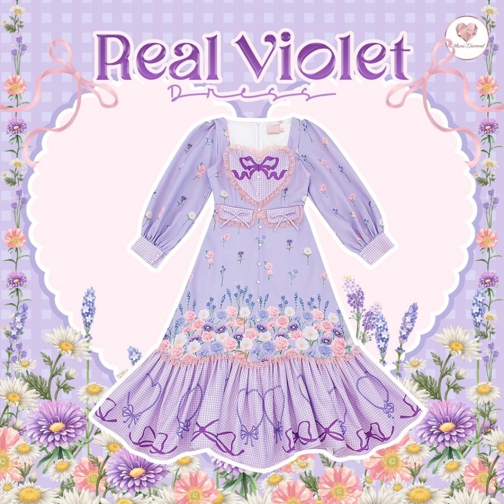 Real Violet Dress เดรสยาวผ้าเปเป้พิมพ์ลาย อกหัวใจงานปัก แขนยาว ซิปหลัง ...