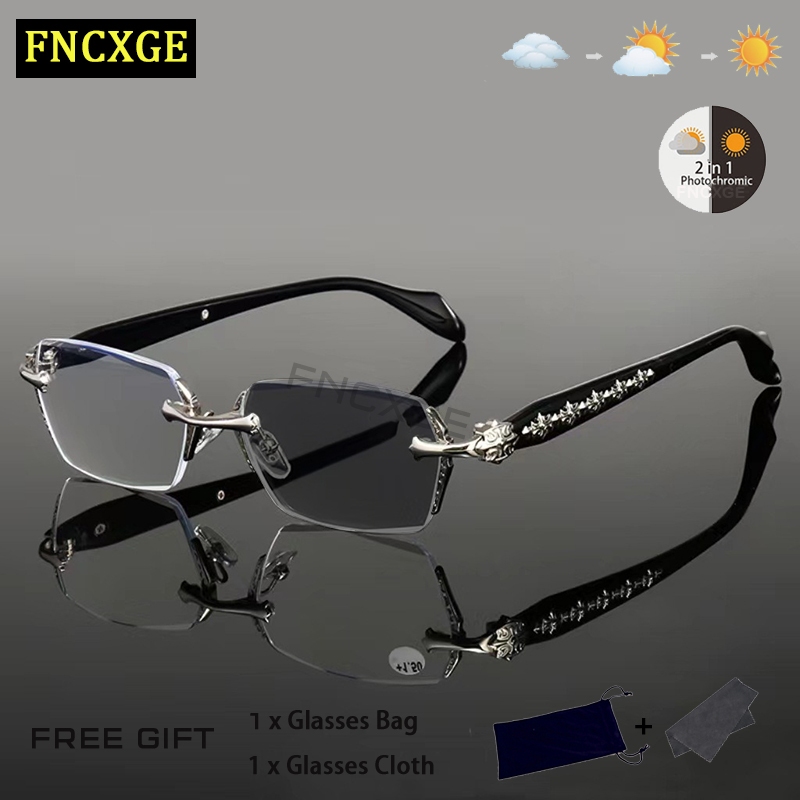 FNCXGE ผู้หญิง แว่นสายตายาว ออกแดดเปลี่ยนสี 0~+400 ผู้ชาย Rimless แว่นกรองแสงเปลี่ยนสี Unisex ...