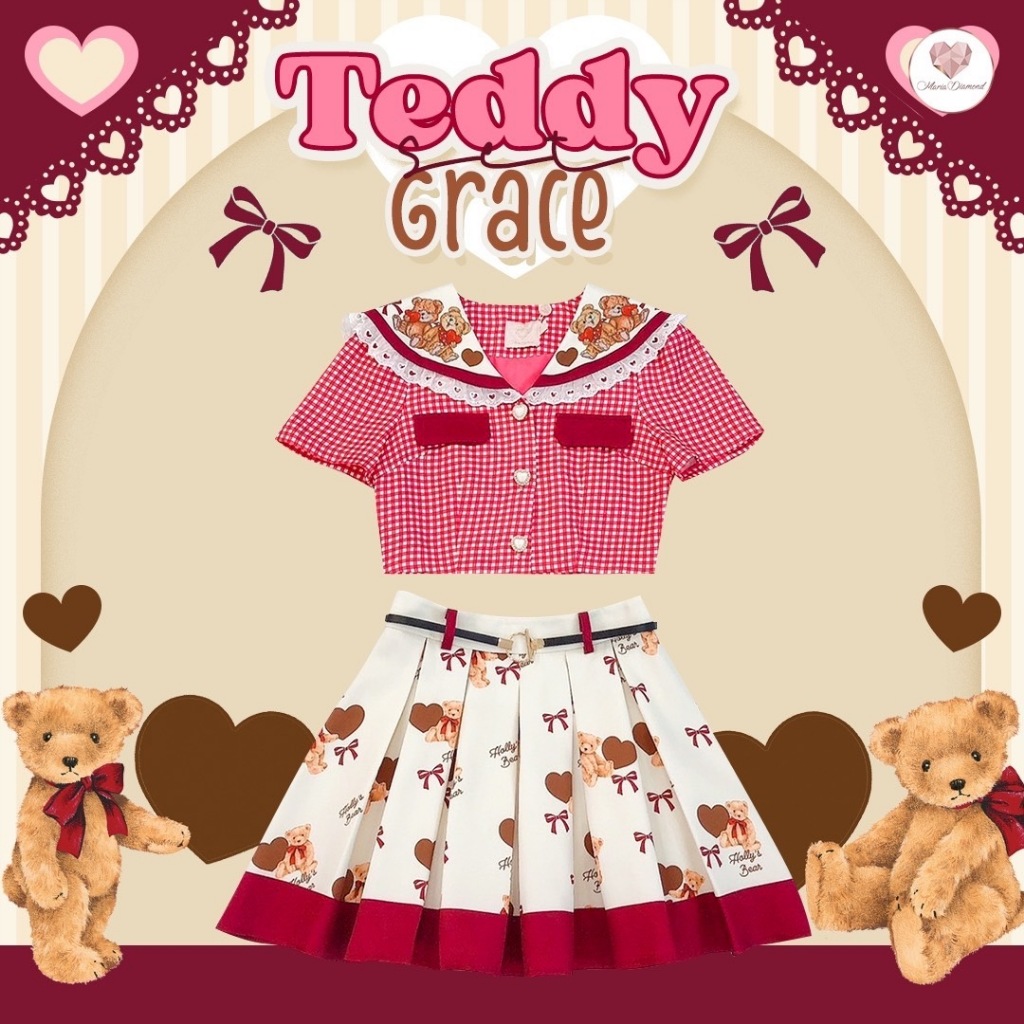 (มี 2XL) Teddy Grace Set ชุดเซ็ต 3 ชิ้น เสื้อครอปแขนสั้นสก็อตแดง ติด ...