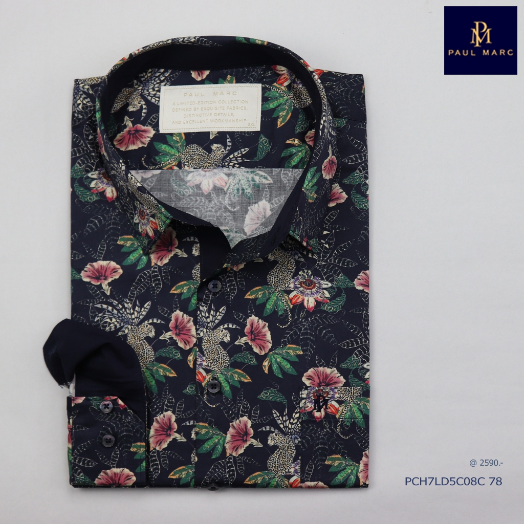PAUL MARC เสื้อเชิ้ตลายพฤกษา สีกรมท่า signature print slim fit ผ้านุ่ม ...