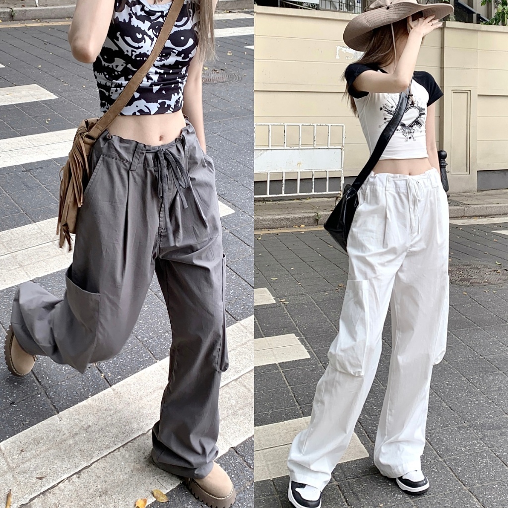 กางเกงคาร์โก้ผู้หญิง กางเกงเอวสูง ผ้าระบายอากาศดี แมทช์ง่ายสุดๆ สุดชิค ...