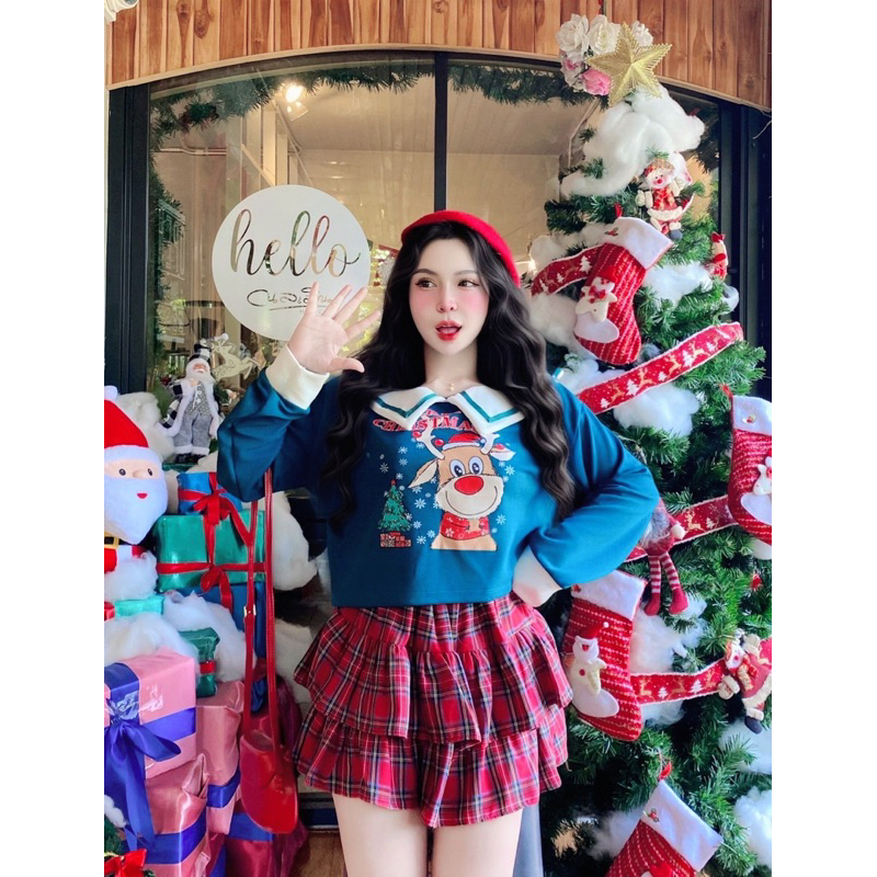 ชุดเชต2ชิ้นเสื้อแขนยาวลาย Christmas+กระโปรงขนมชั้นมีชับใน | Shopee Thailand