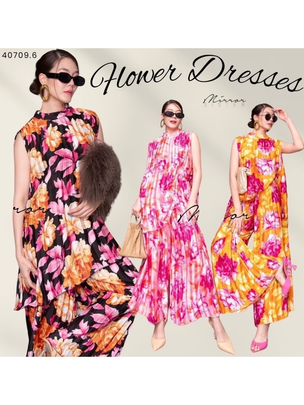 Issakan_shop ชุดเซ็ทอัดพลีทลายดอกสีสวยฉ่ำเสื้อคู่กางเกง | Shopee Thailand