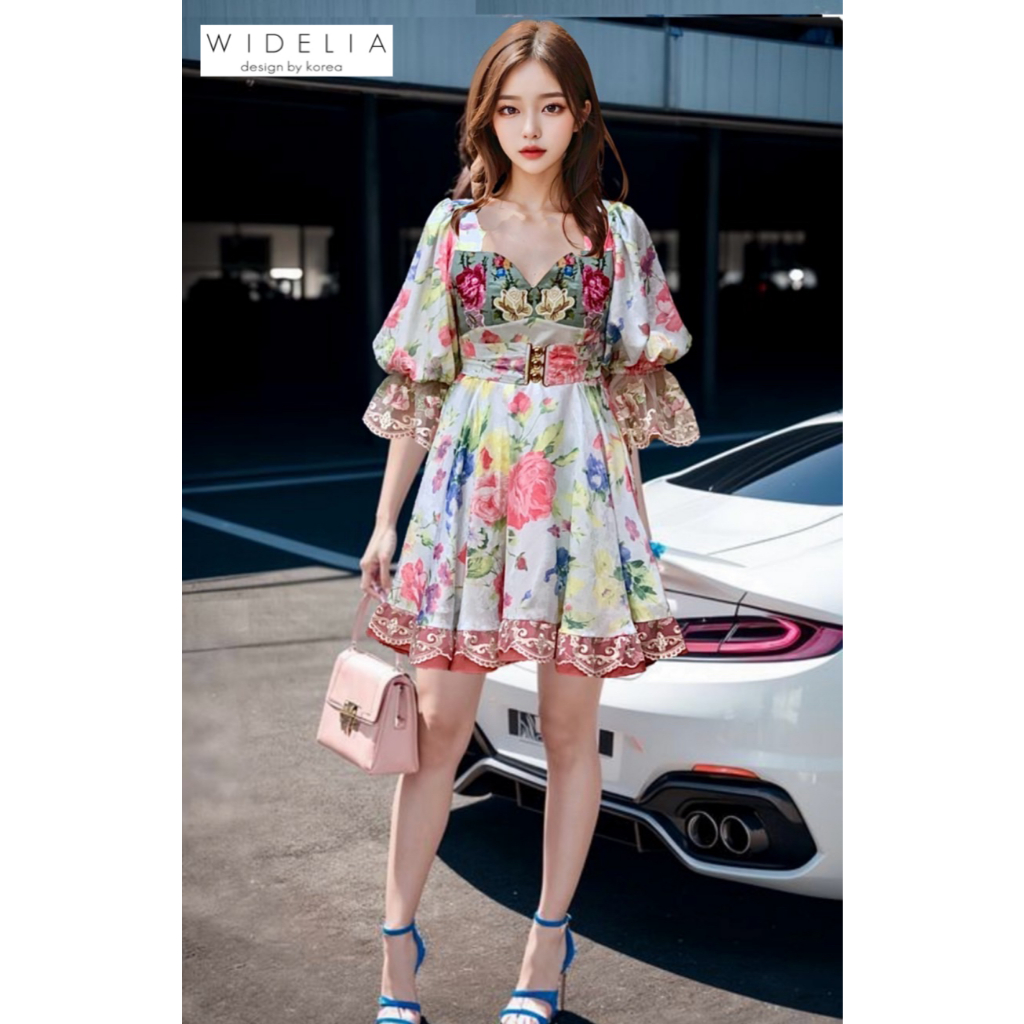 Widelia made in Korea Dress:: เดรสแขนยาวคอวี ปลายแขนระบายผูกโบว์ ...