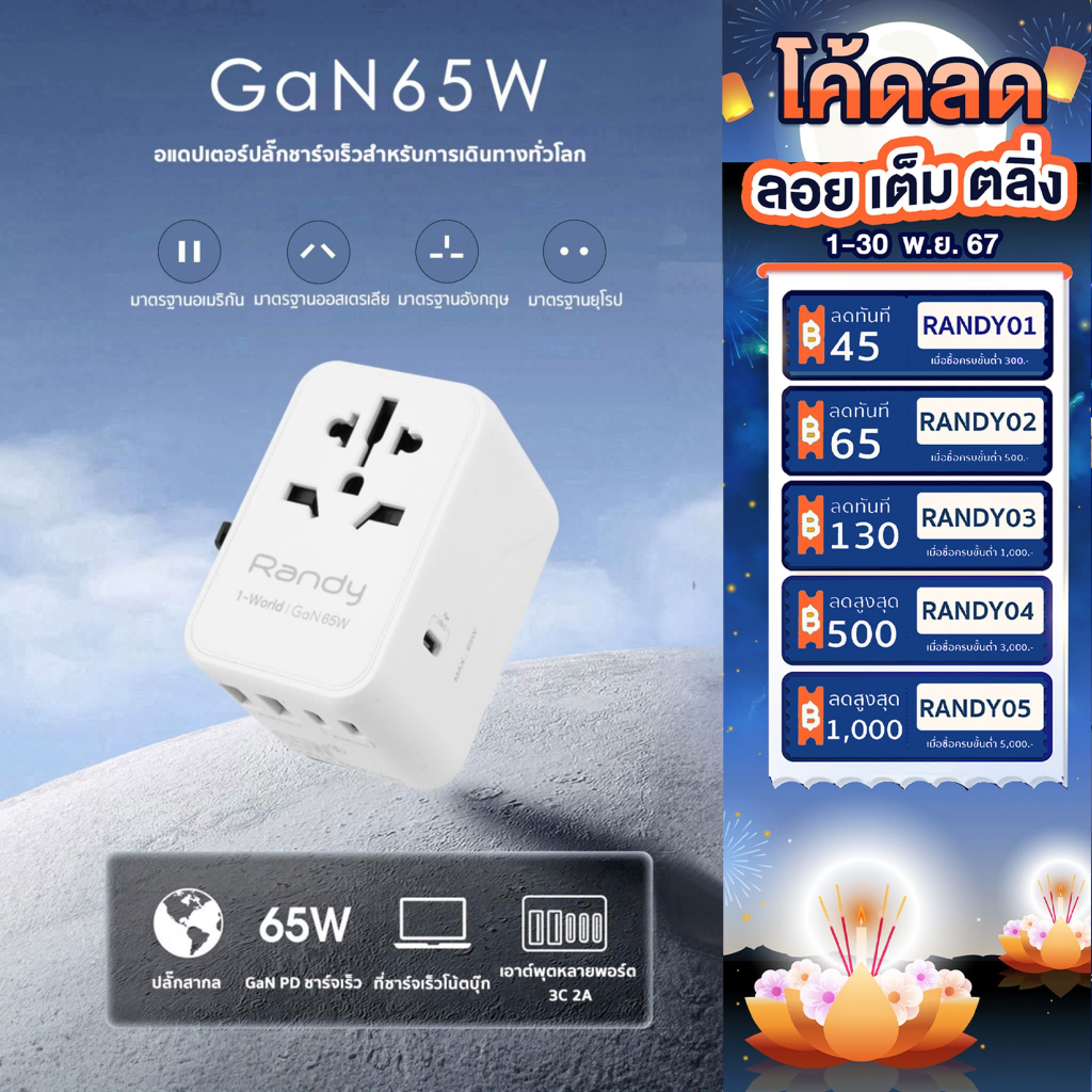 RANDY Adapter GaN65W & GaN20W หัวแปลงปลั๊กไฟ Universal Travel Adapter ...