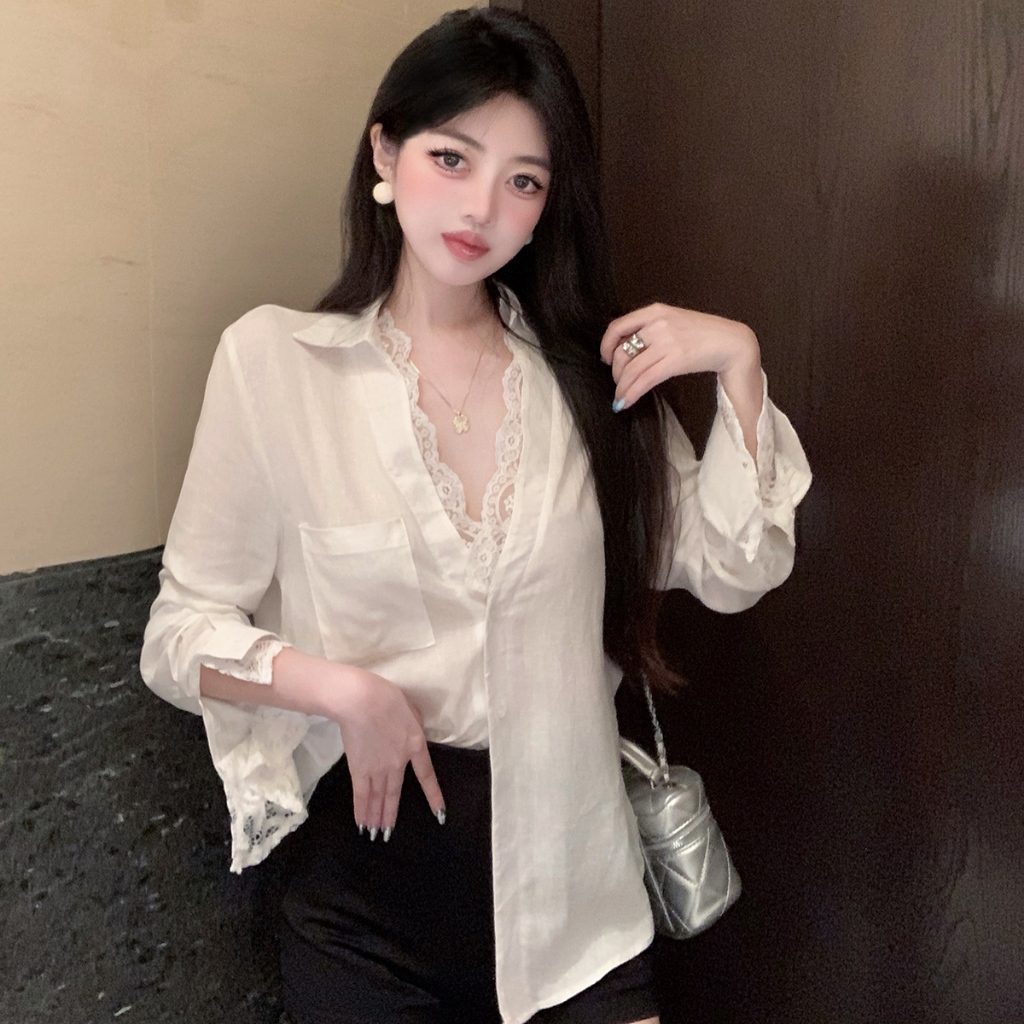 W509 เสื้อเชิ้ตผ้าฝ้ายลินินสีขาว ปลอมสองชิ้น สำหรับผู้หญิง ใส่หน้าร้อน ...
