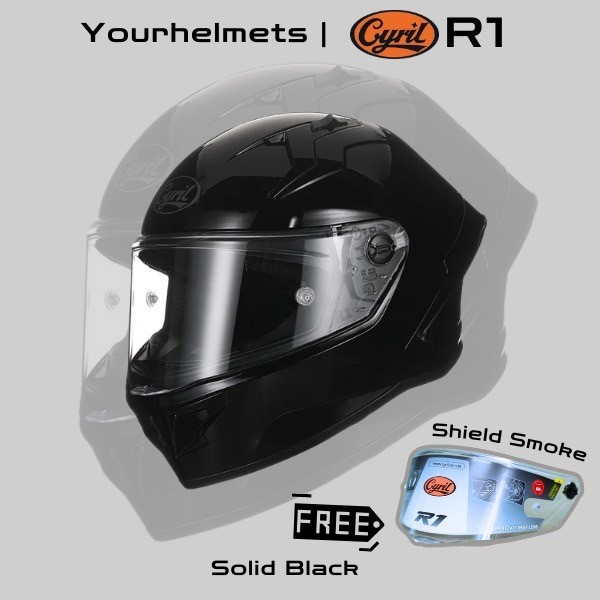 ฟรี!!! ชิลด์Smoke - หมวกกันน็อค Cyril R1 รุ่น Solid Black /ดำเงา ...