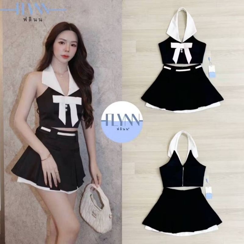 XS มือ1 FLYNN ชุดเซ็ตเสื้อคล้องคอสีดำ แต่งโบว์อก มาพร้อมกระโปรงสั้น ...
