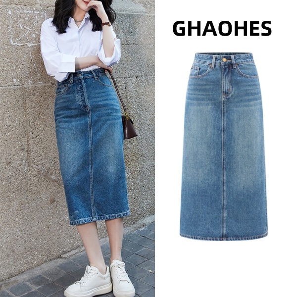 GHAOHES กระโปรงยีนส์มิดี้เอวสูงวินเทจผ่าหลัง ดูดี สไตล์เกาหลี ดูเด็ก เข้ารุ่น AV100 | Shopee ...
