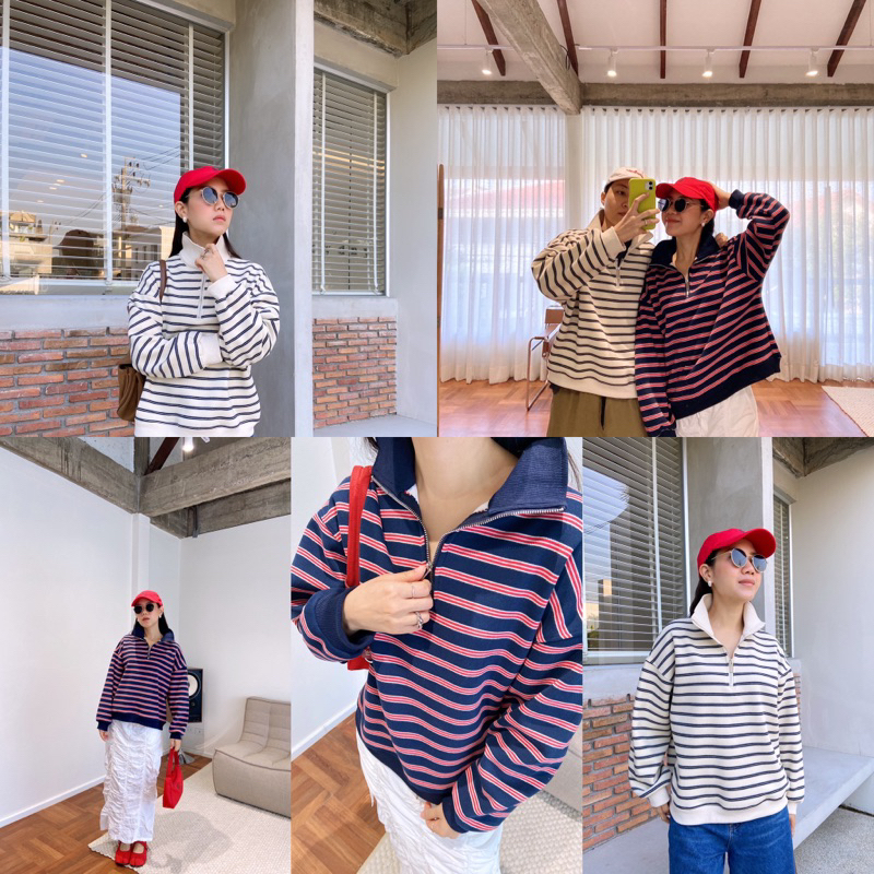 Strip very soft sweater เสื้อสเวสเตอร์ลายขวางซิปหน้า | Shopee Thailand