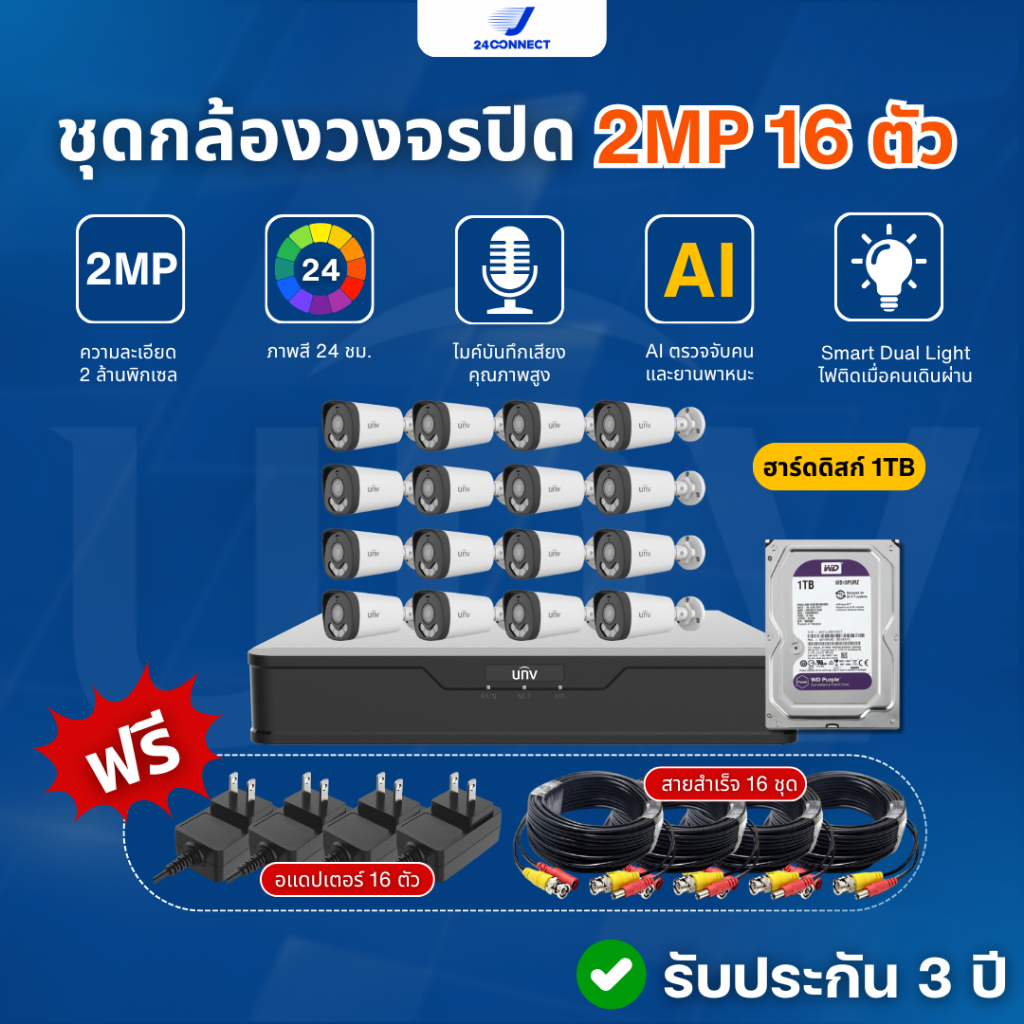 ชุดกล้องวงจรปิด 2MP 4/8/16 ตัว UNV รุ่น UAC-B142-AF28(40)LM-DL เครื่องบันทึก XVR301‑F-SERIES ...
