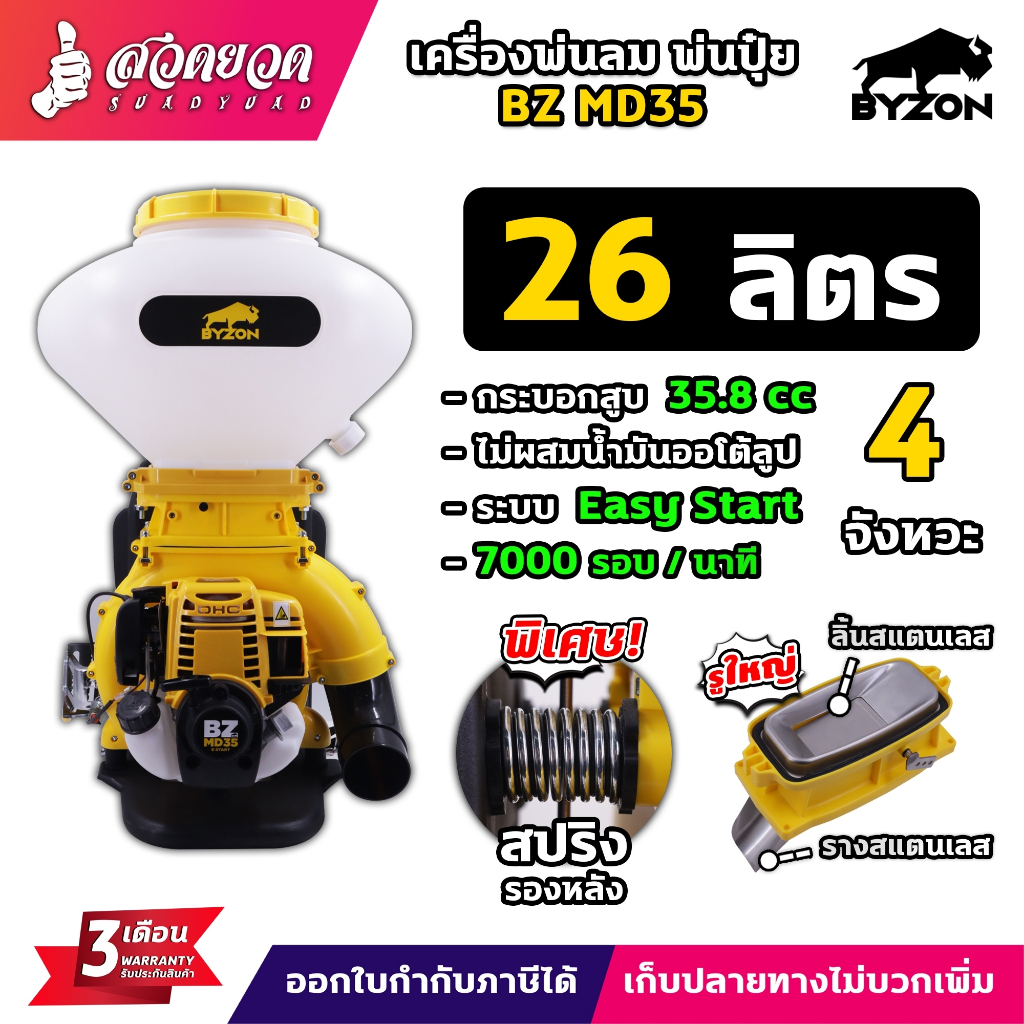 เครื่องพ่นลม พ่นปุ๋ย 4 จังหวะ รูใหญ่ ลิ้นและรางสแตนเลส BYZON MD35 ขนาด 26 ลิตร เครื่องหว่านปุ๋ย ...