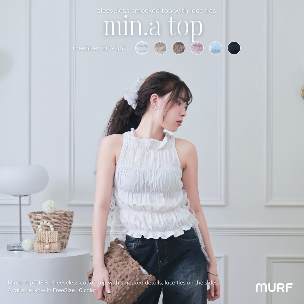 MURF | Mina Top T108 เสื้อแขนกุด จั๊มจับจีบรอบ เสื้อแต่งลูกไม้-ผูกข้าง ...