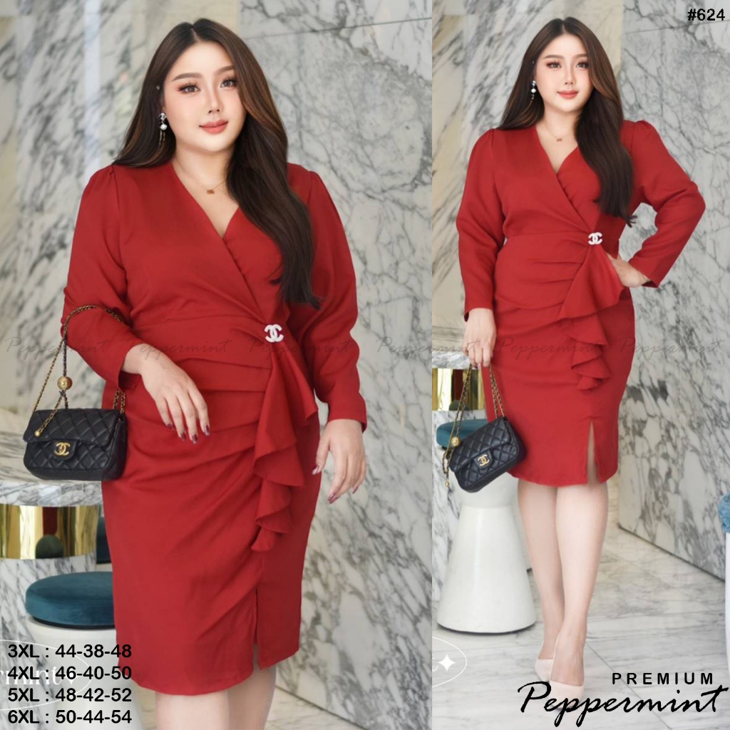 งานพรีเมียม นำเข้า เดรสออกงาน คุณนายไฮโซ แถมเข็มกลัด มีไซส์อก40-50" Peppermint PlusSize (624 C ...