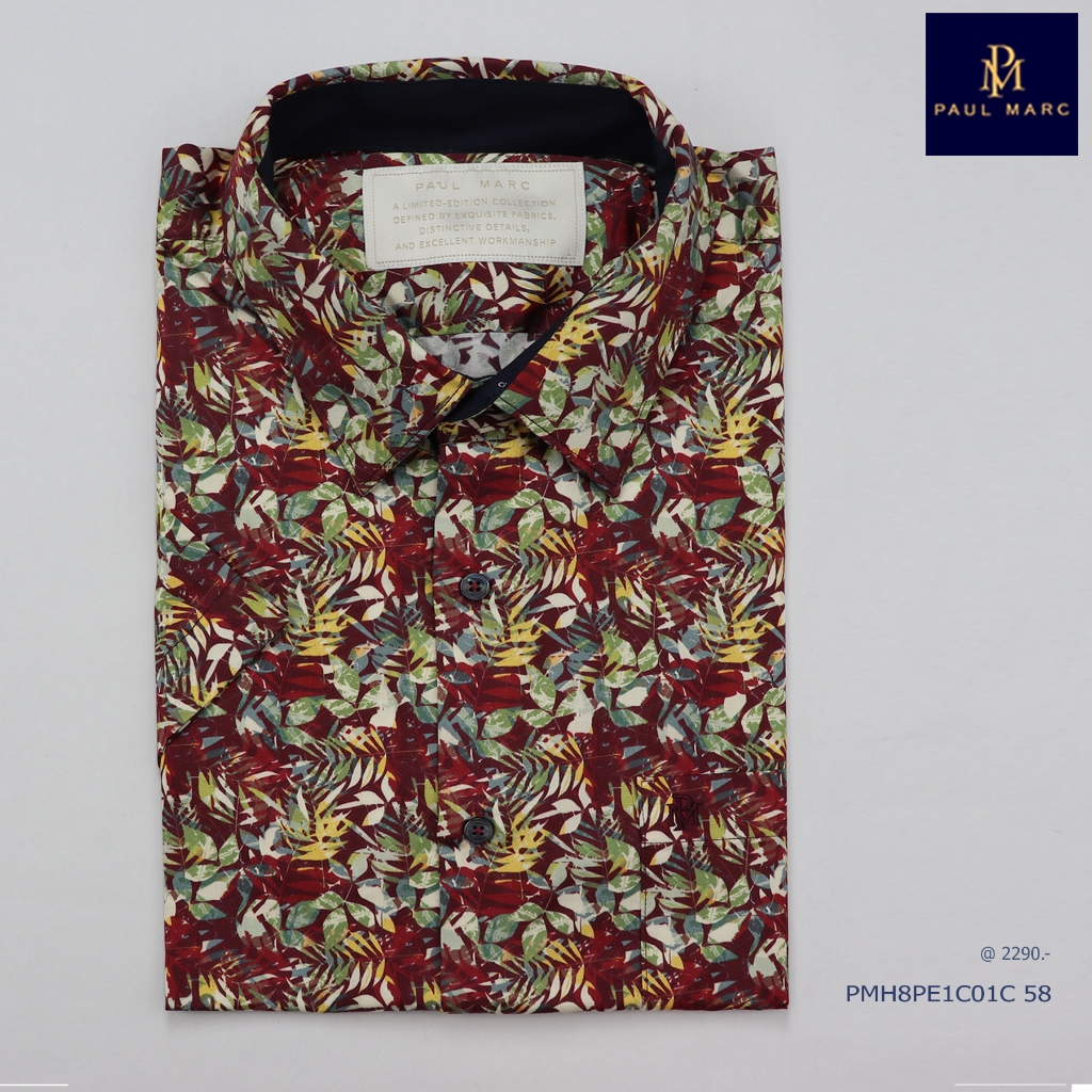 PAUL MARC เสื้อเชิ้ตลายพิมพ์ดอกไม้ ใส่สงกรานต์ สีแดง Signature Print ...
