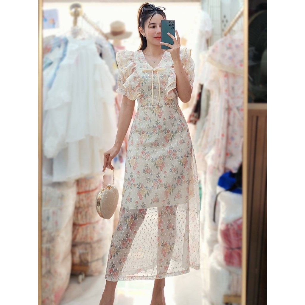 MP lady dress เดรสยาว คอวี แขนตุ๊กตาแต่งระบายใส่ ไปคาเฟ่ ฟรีไซส์ ...