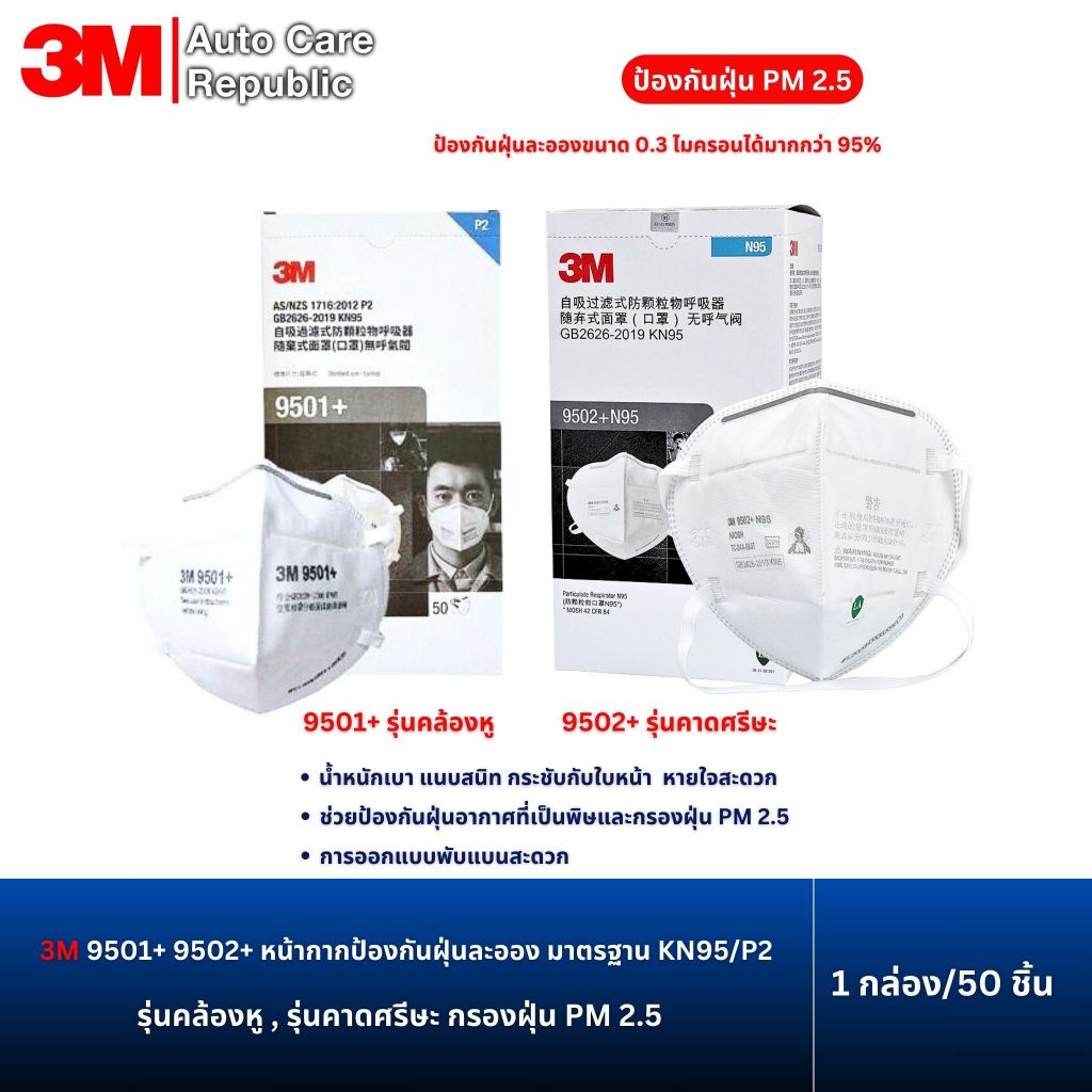 3M 9501+ 9502 + หน้ากากป้องกันฝุ่นละอองแบบคล้องหู มาตรฐาน KN95/P2 บรรจุ2ชิ้น/ห่อ(10ชิ้น),(1กล่อง ...