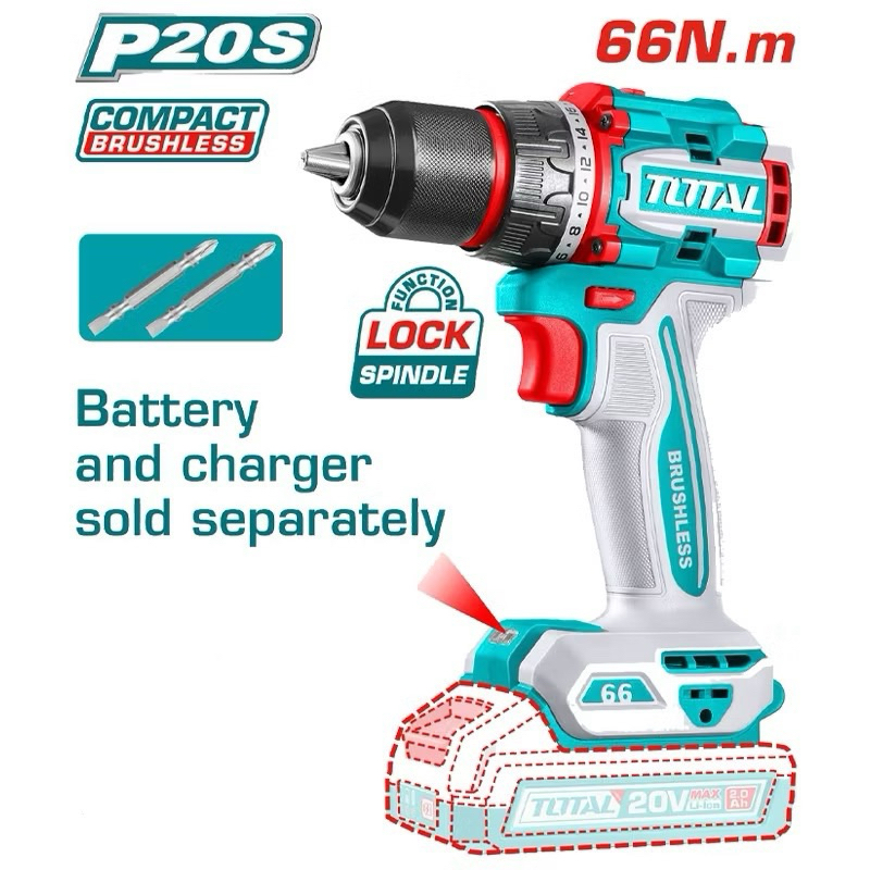 TOTAL สว่านไร้สาย 66N BL motor แบตเตอรี่ 20V 2ระบบ TDLI206681 Compact ...